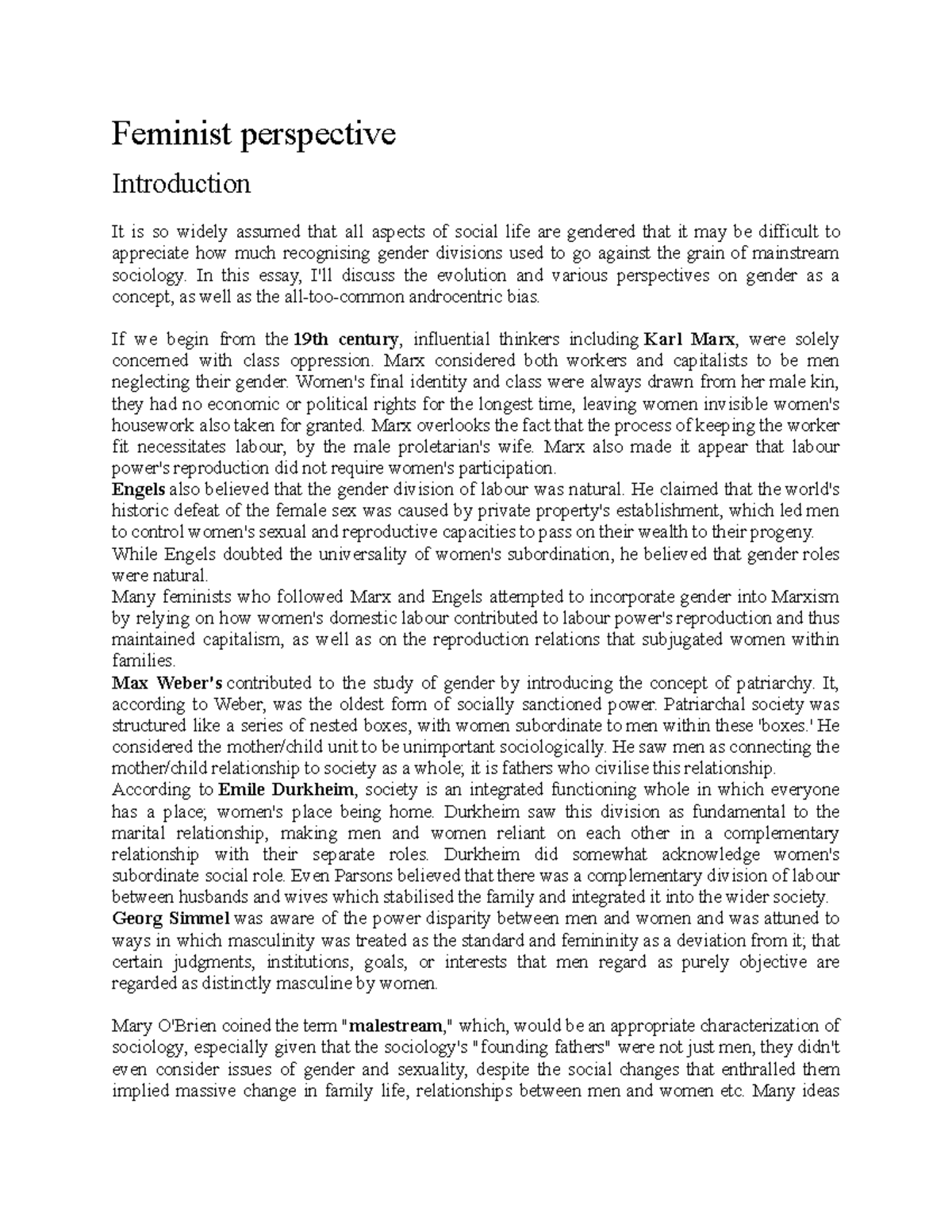 Feminist perspectivethe significance of gender began to view the entire ...