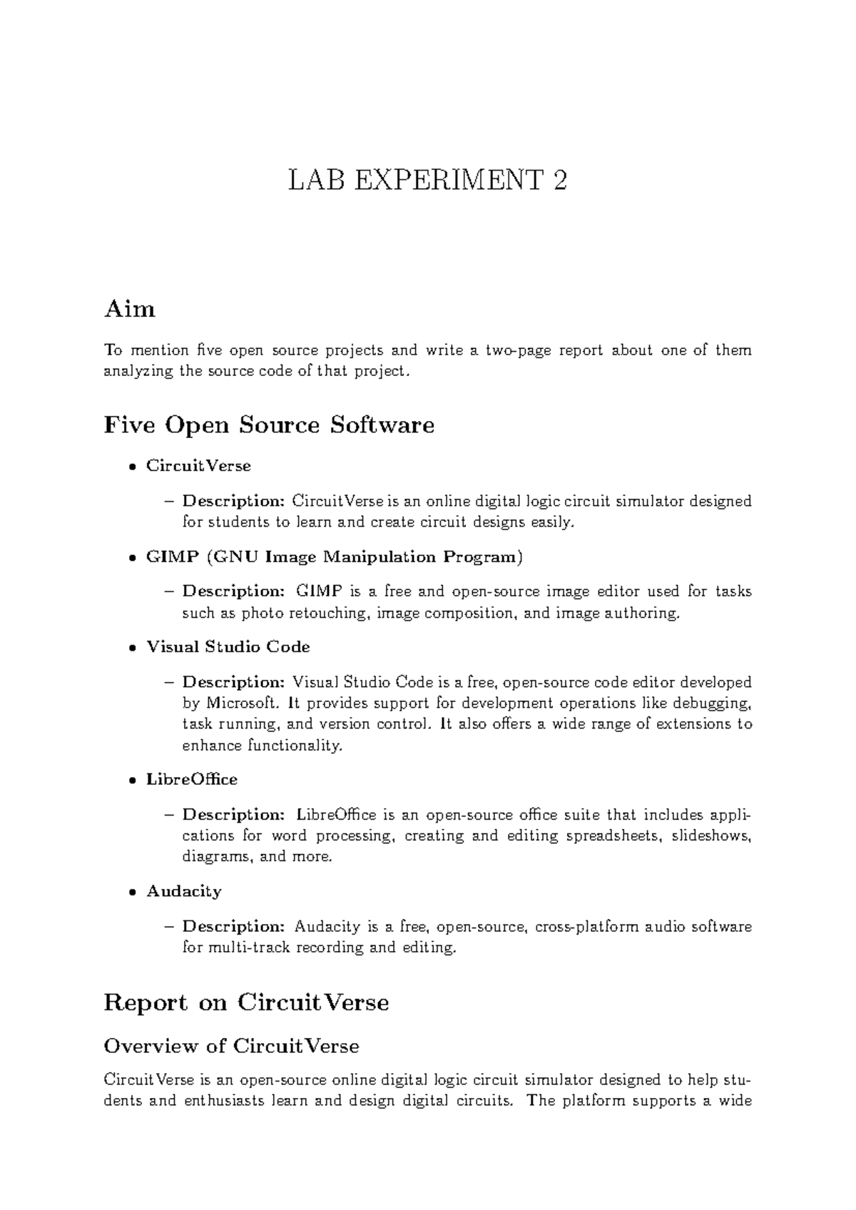Lab Experiment 2 - dfgsdfgdfgfdfgdfsgdsgss - LAB EXPERIMENT 2 Aim To mention five open source ...