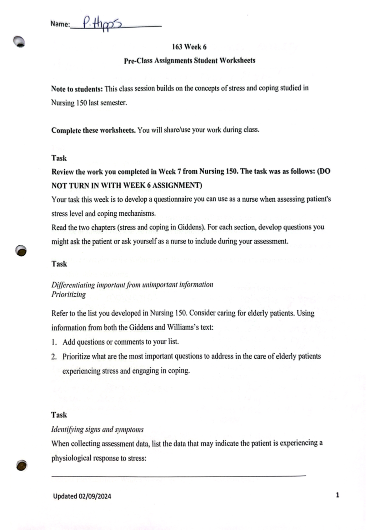 Week 6 163 - Week 6 homework - Name: P 163 Week 6 Assignments Student Worksheets Note to ...