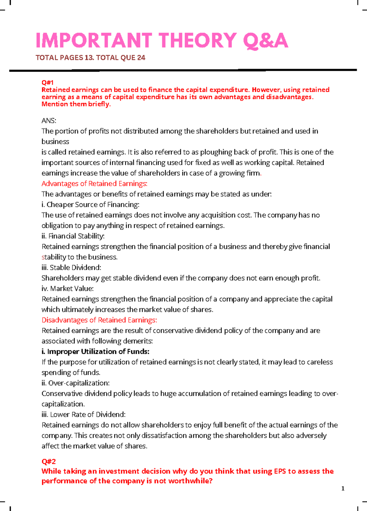 Important Theory Q&A - Import Question SFM - Q# Retained earnings can ...