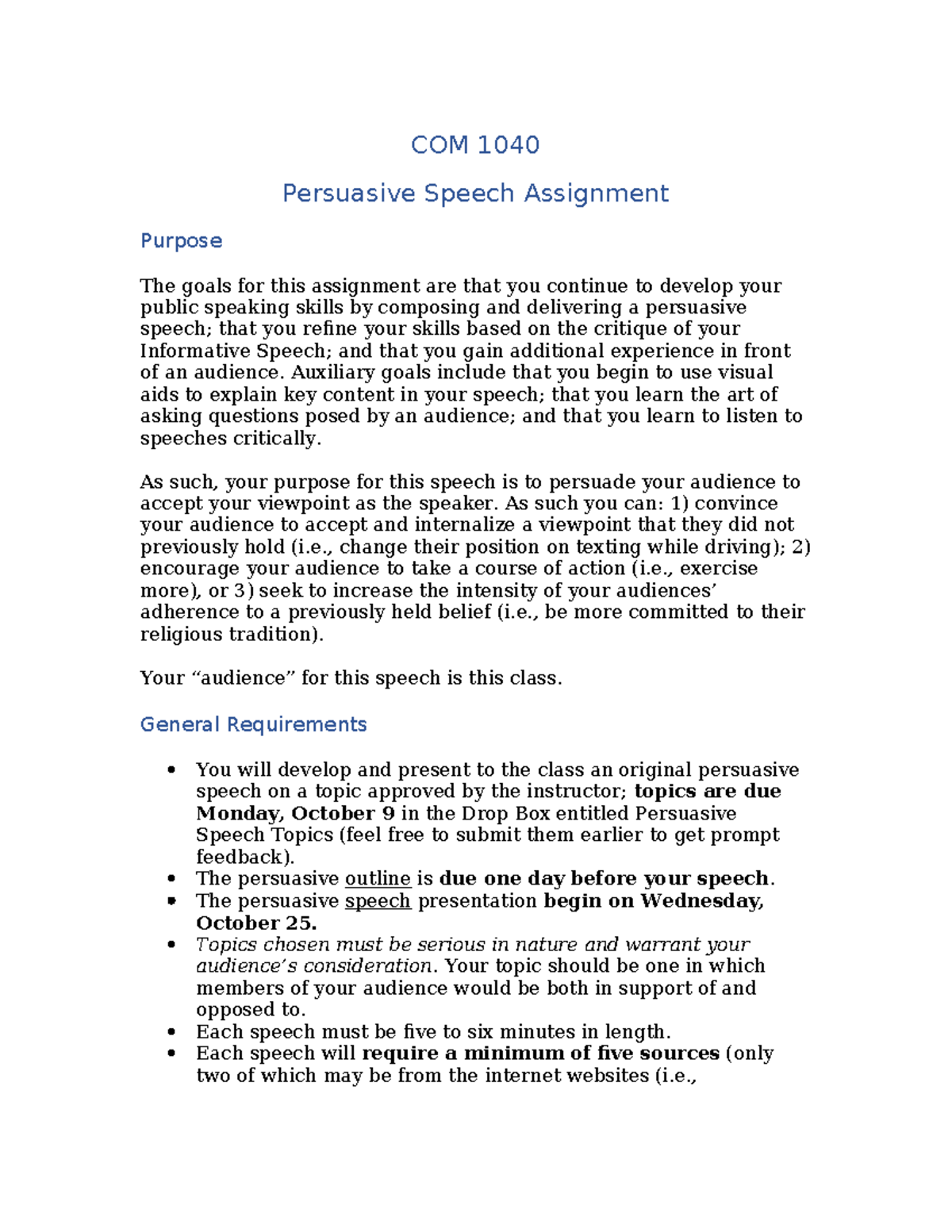 Persuasive Speech Assignment - COM 1040 Persuasive Speech Assignment ...