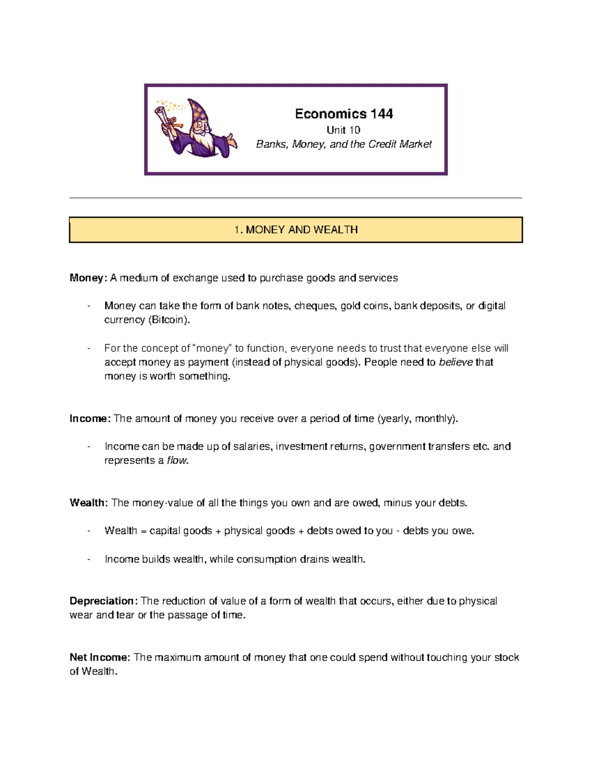 Economics 144 - Unit 10 - Economics 144 Unit 10 Banks, Money, and the ...