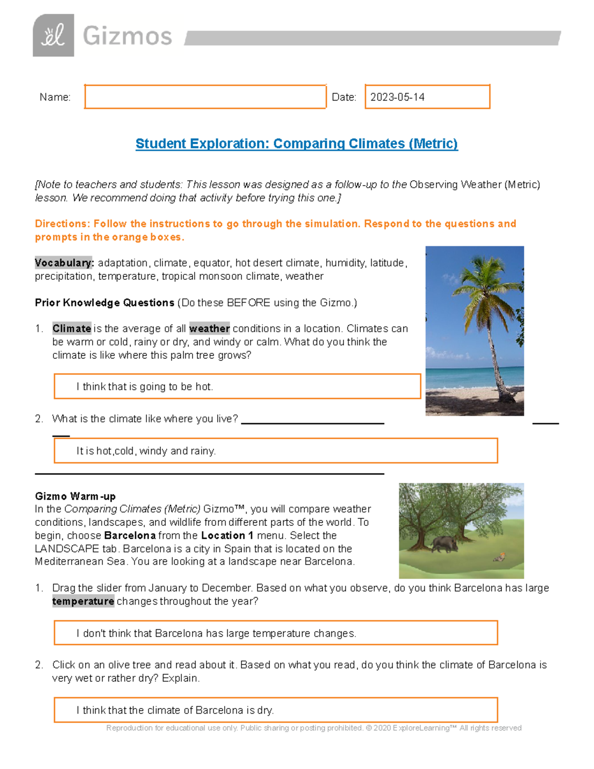 Comparing Climates - bbbb - Name: Date: 2023-05- Student Exploration ...