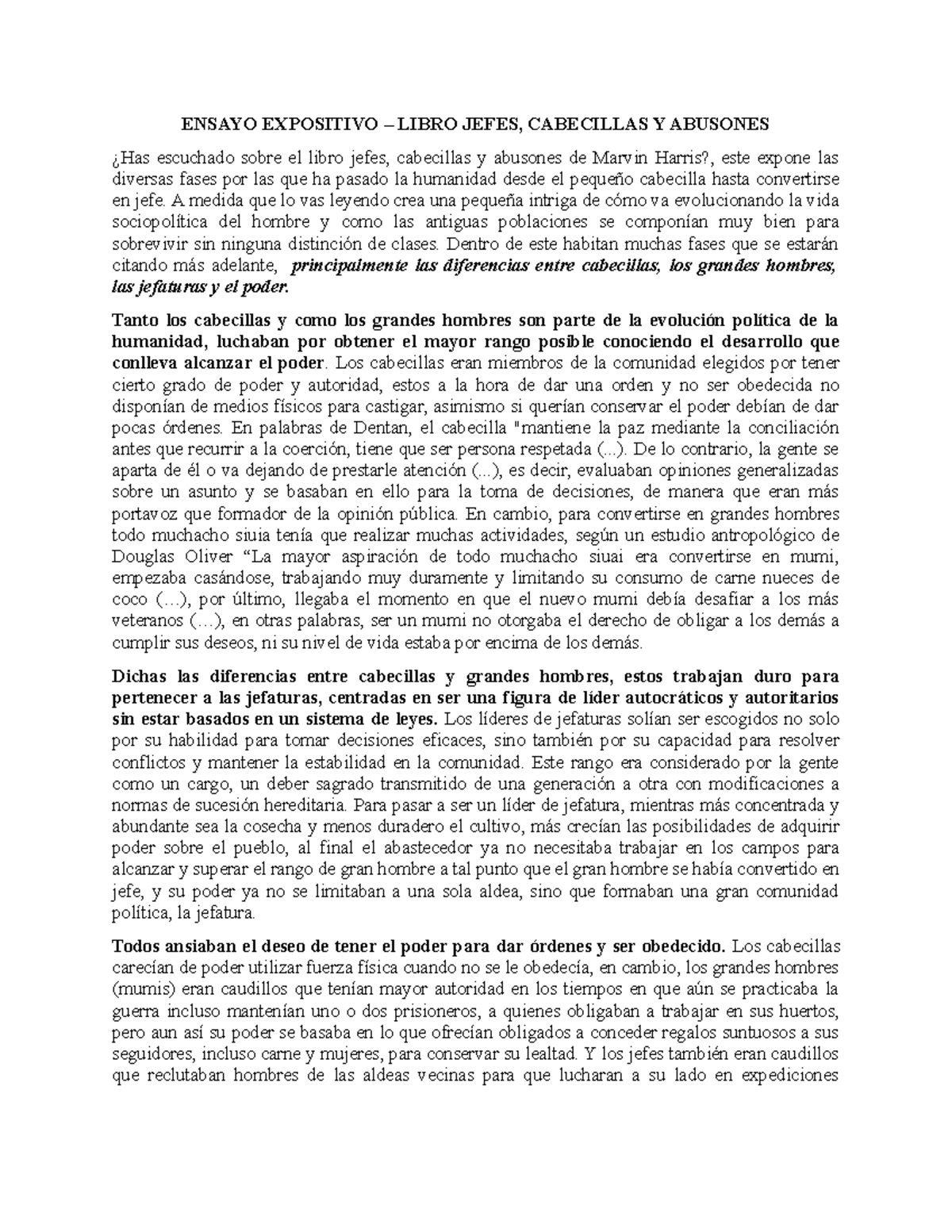 Ensayo Expositivo - Marvin Harris - ENSAYO EXPOSITIVO – LIBRO JEFES ...