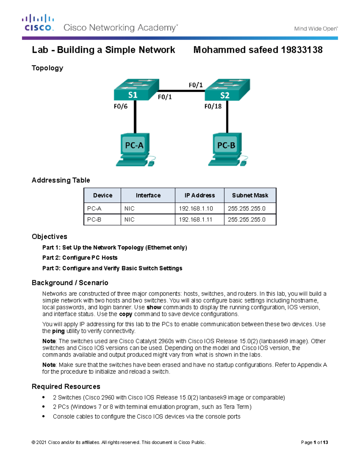 Lab 1 - Building a Simple Network - 168.1 255.255. PC-B NIC 192.168.1 ...