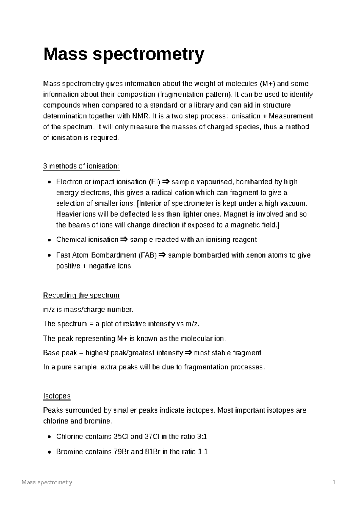 Mass spectrometry - Lecture notes for this topic. - Mass spectrometry 1 ...