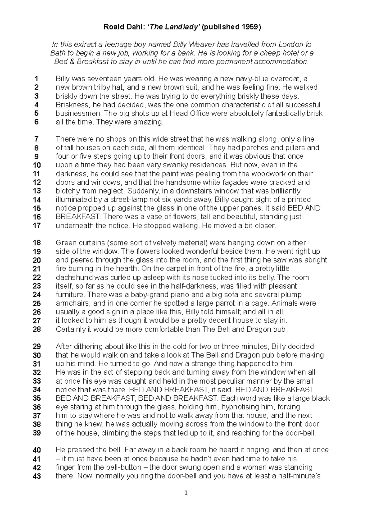 AQA Paper 1 Section A The Landlady extract MLy - Roald Dahl: ‘The ...