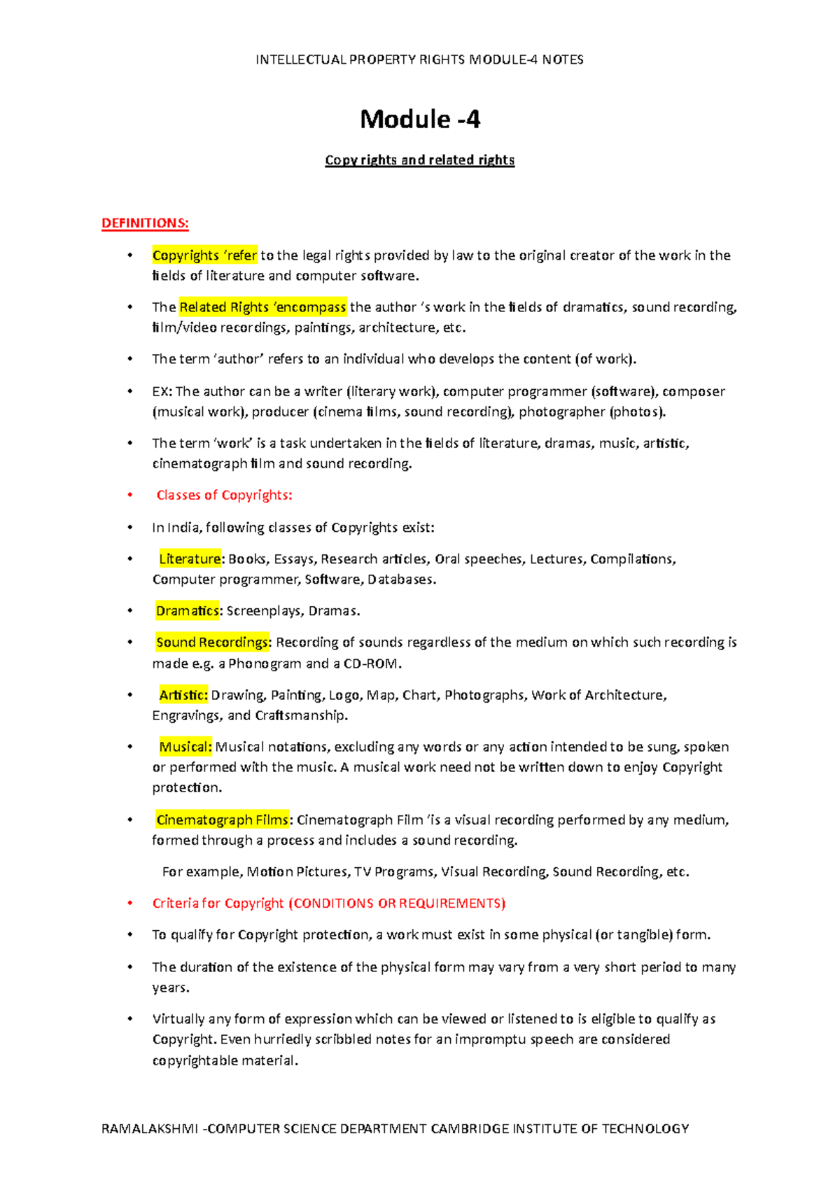 Module 4 -part1 - Nill - Module - 4 Copy rights and related rights DEFINITIONS: Copyrights ...