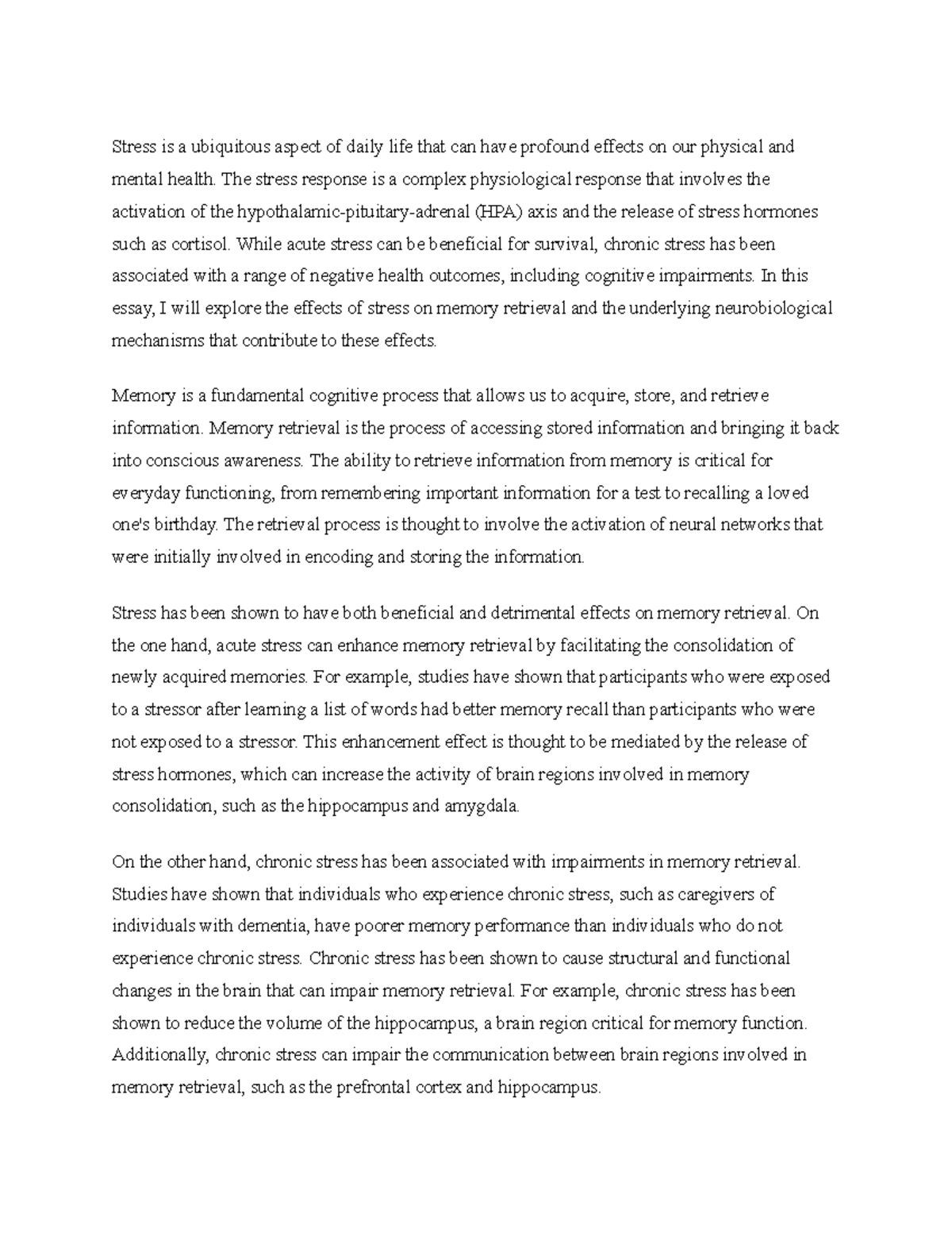 Title The Effects Of Stress On Memory Retrieval Stress Is A