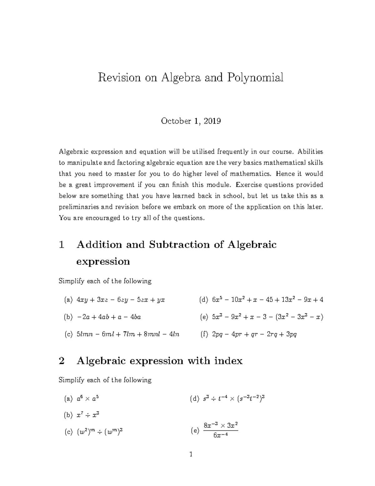 Revision on Algebra and Polynomial - Revision on Algebra and Polynomial ...