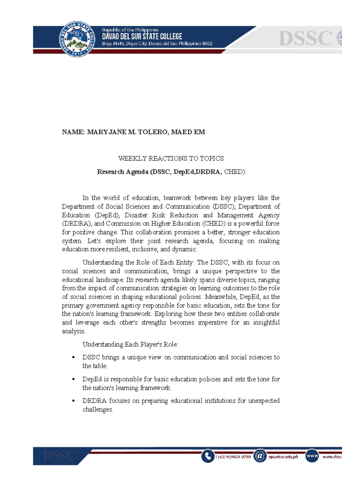 Reaction TO Topics - Methodologies of teaching. - NAME: MARYJANE M ...