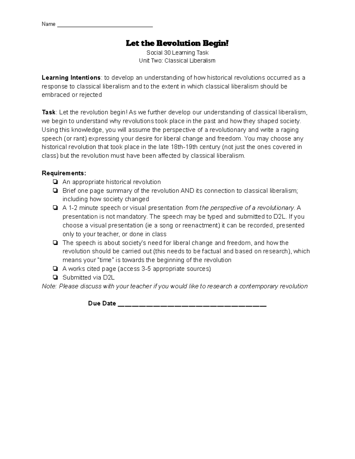 Revolution Learning Task - Name _________________________________ Let ...