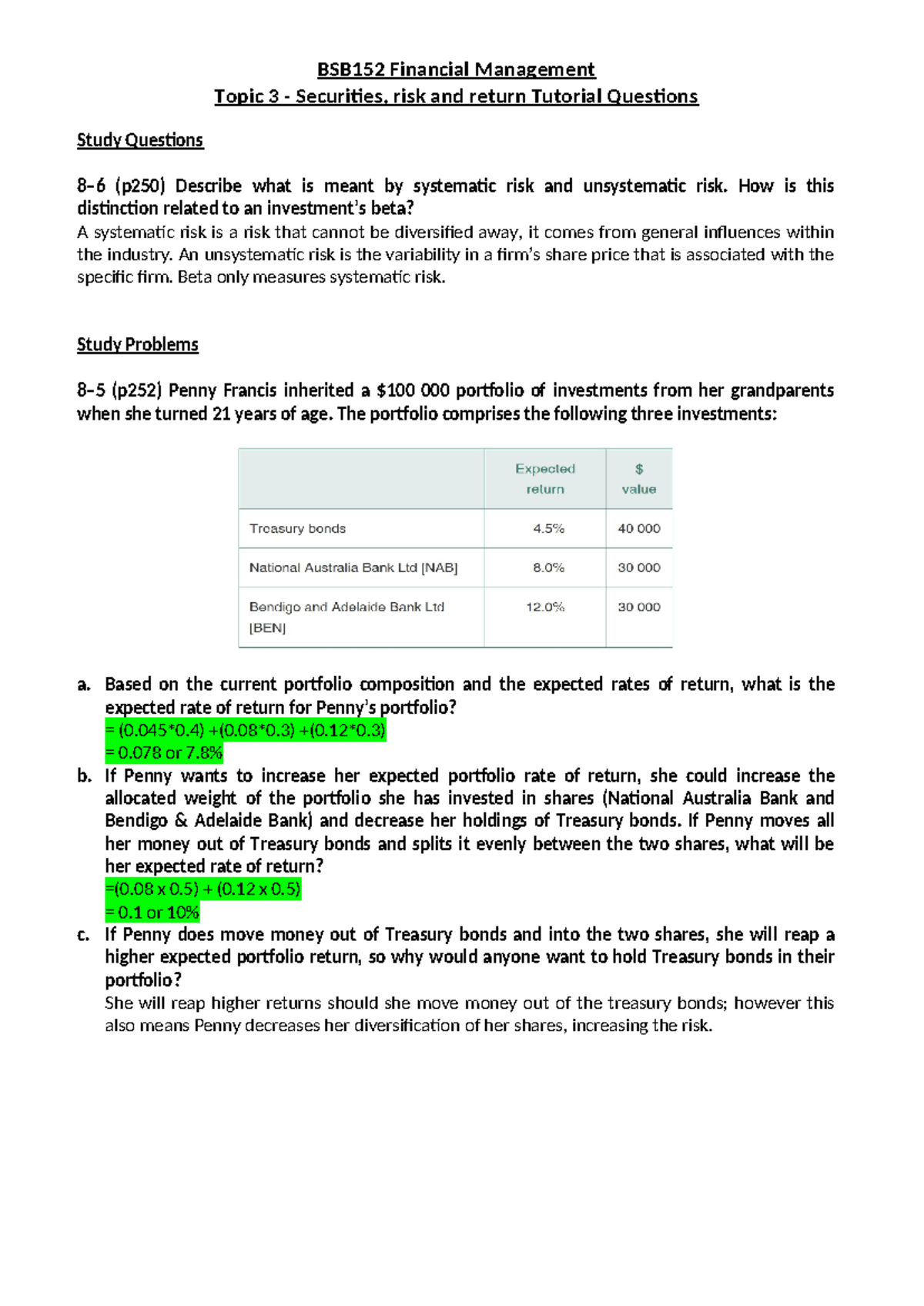 BSB152 - Topic 3 Tutorial Questions - BSB152 Financial Management Topic 3 - Securities, risk and ...