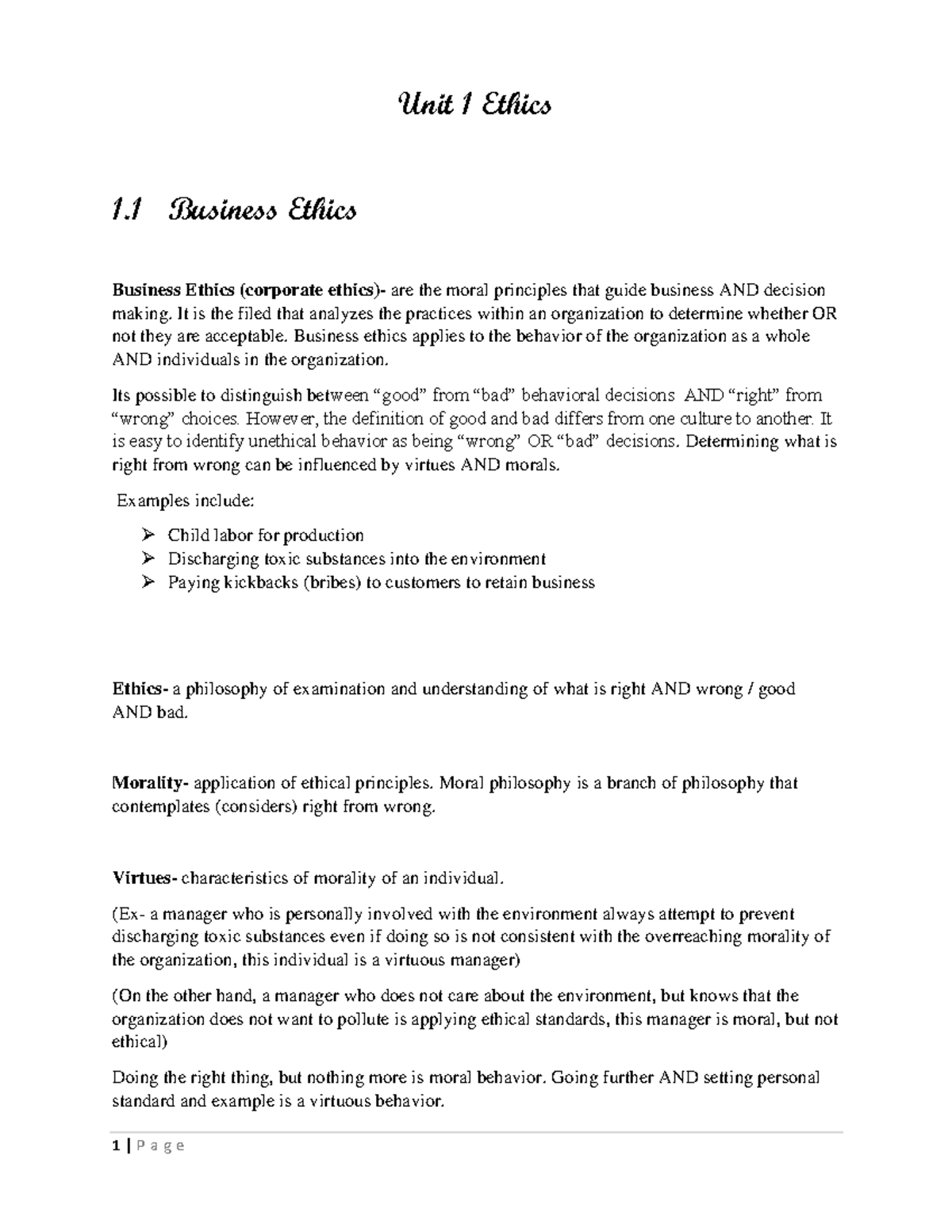 Proffessional ethics 1 - Unit 1 Ethics 1 Business Ethics Business ...