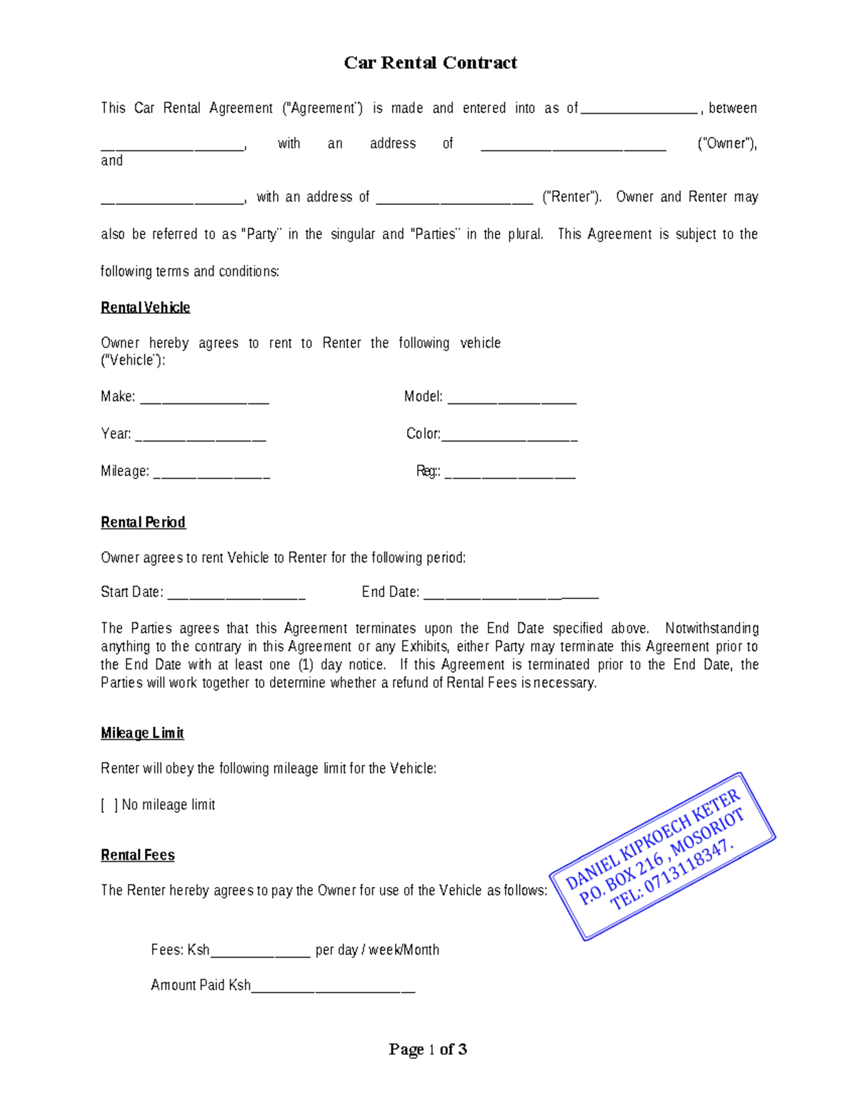 Car Hire Agreement - Car Rental Contract Page 1 of 3 This Car Rental ...