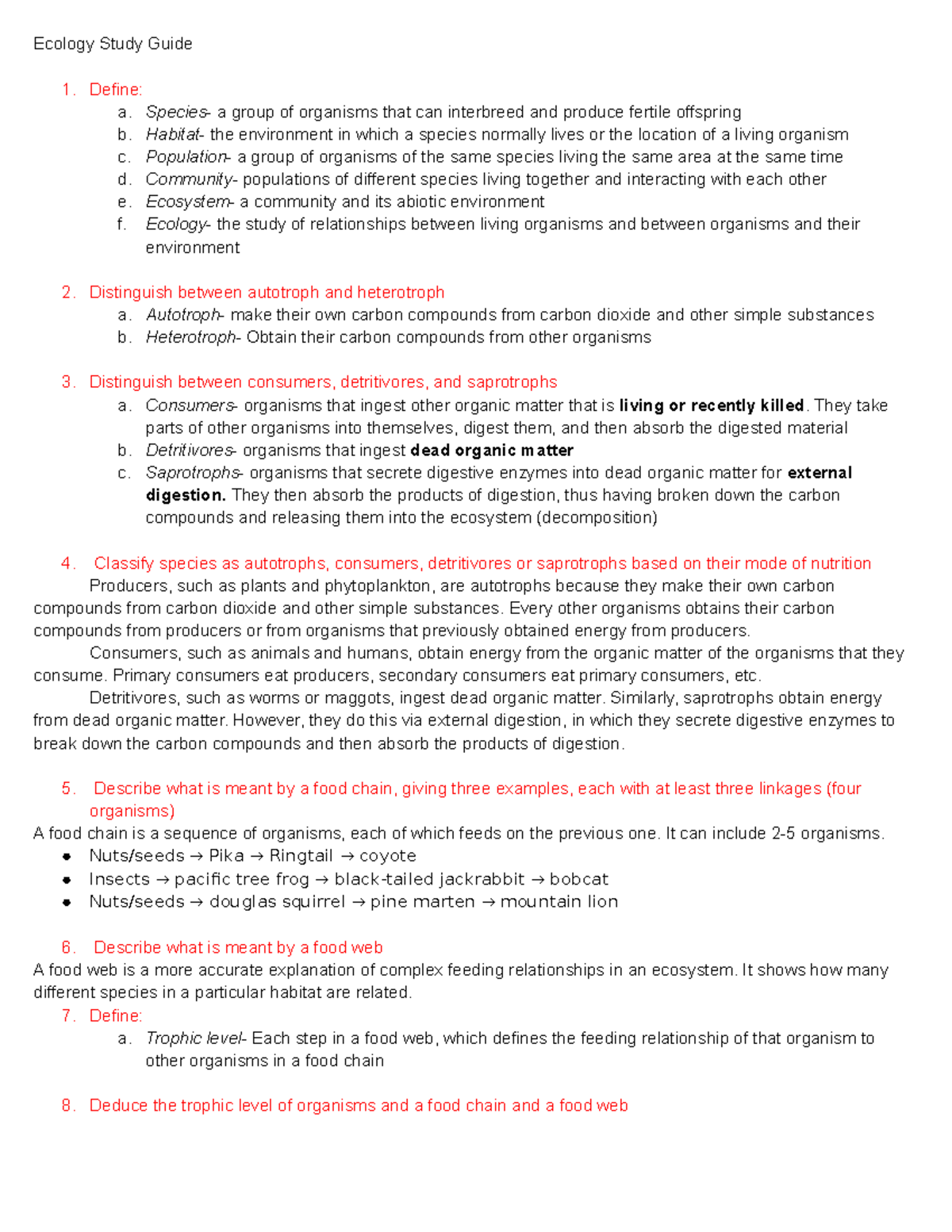 Biology Ecology Study Guide - Ecology Study Guide Define: a. Species- a ...