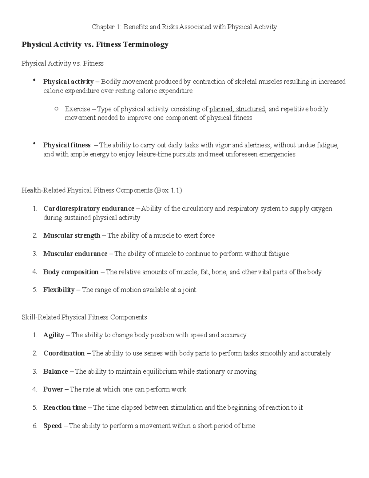 Chapter 1 Notes - Benefits and Risks Associated with Physical Activity ...