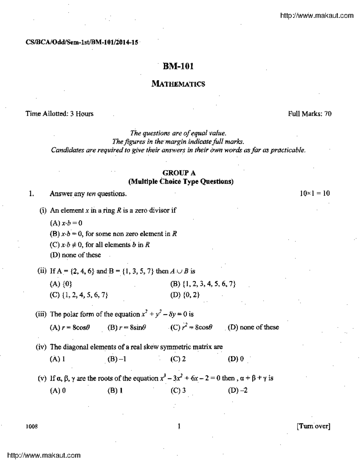 Bca-1-sem-mathematics-bm-101-2015 - Basic Electrical And Electronics Engineering - Studocu