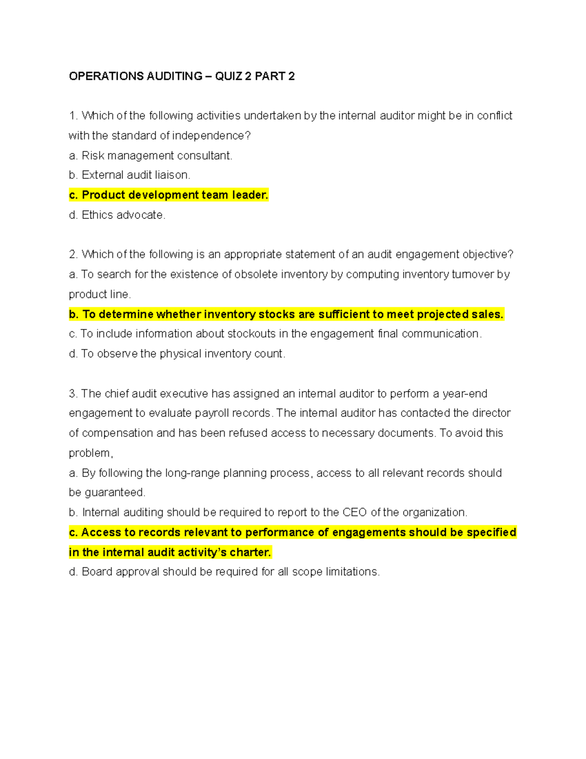 Operations Auditing – QUIZ 2 PART 2 - OPERATIONS AUDITING – QUIZ 2 PART 2 Which of the following ...