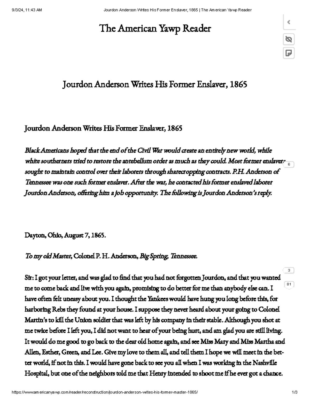 Jourdon Anderson Writes His Former Enslaver, 1865 The American Yawp ...