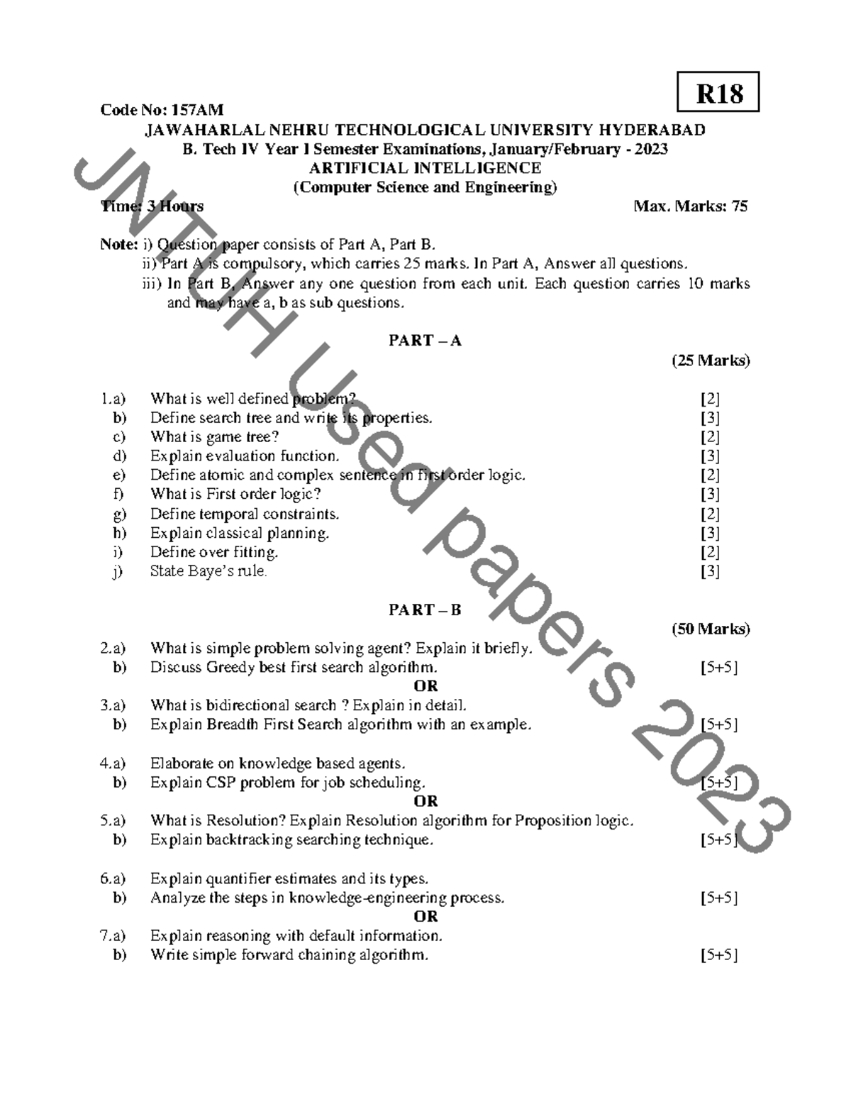 JNTU AI QUESTION PAPER PREVIOUS YEAR QUESTION 2023 75 Marks jntuh previous - Code No: 157AM ...