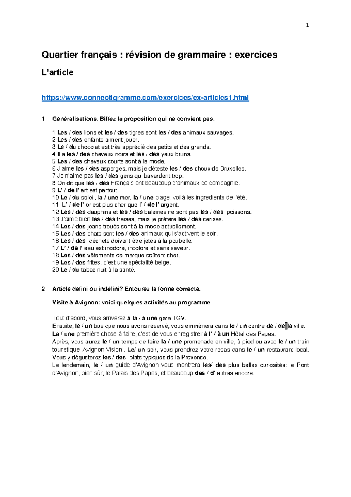 Révision de grammaire - exercices - Quartier français : révision de ...