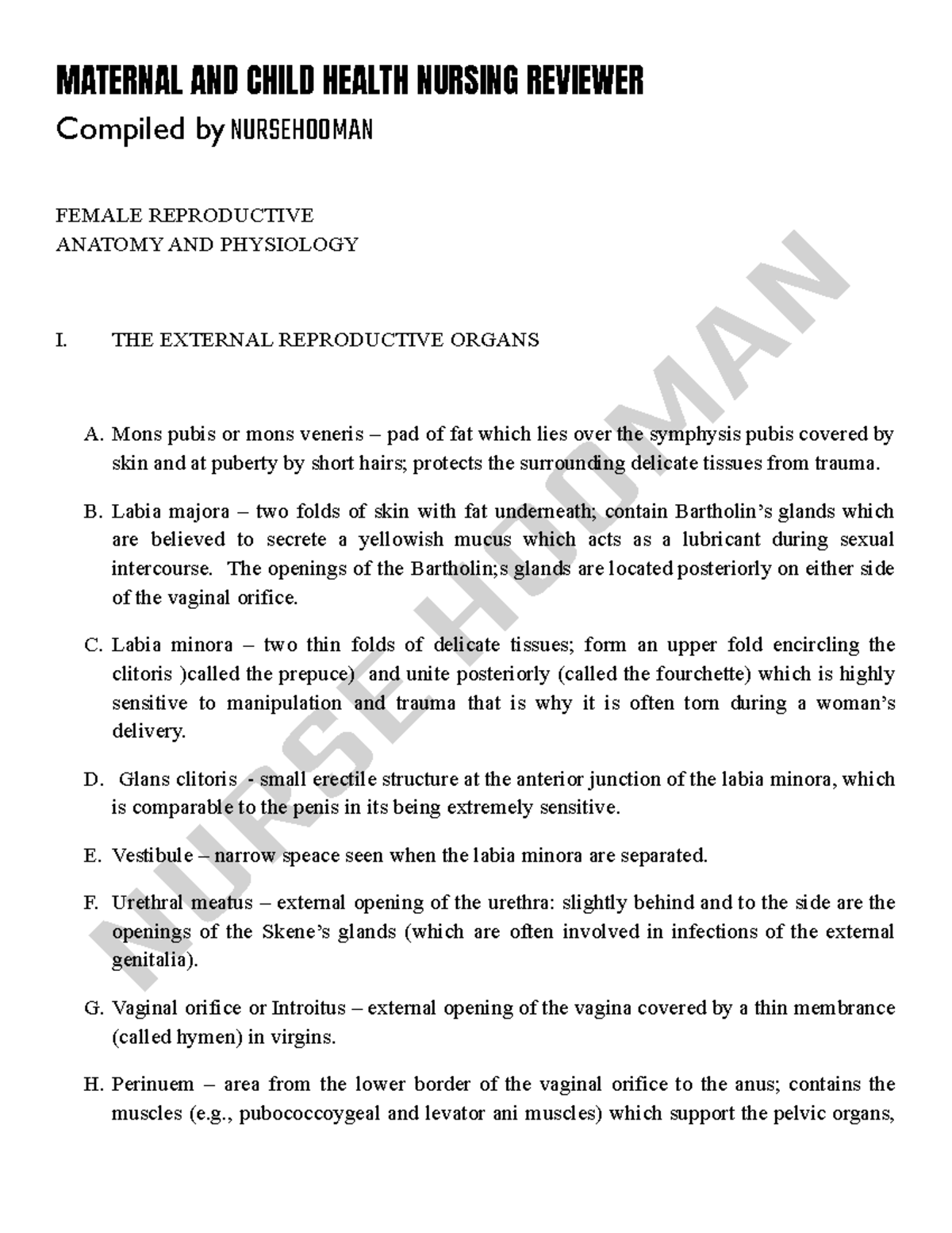Maternal and Child Health Nursing Reviewer - NURSE HOOMAN Compiled by ...