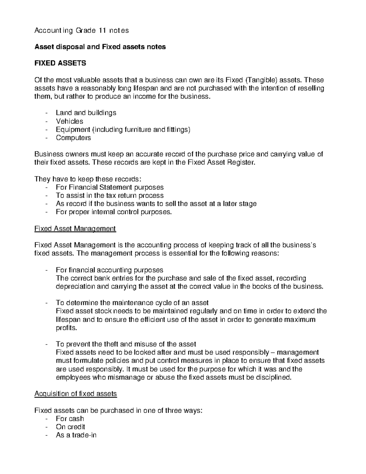 Accounting Grade 11 Notes - FIXED ASSETS Of the most valuable assets ...