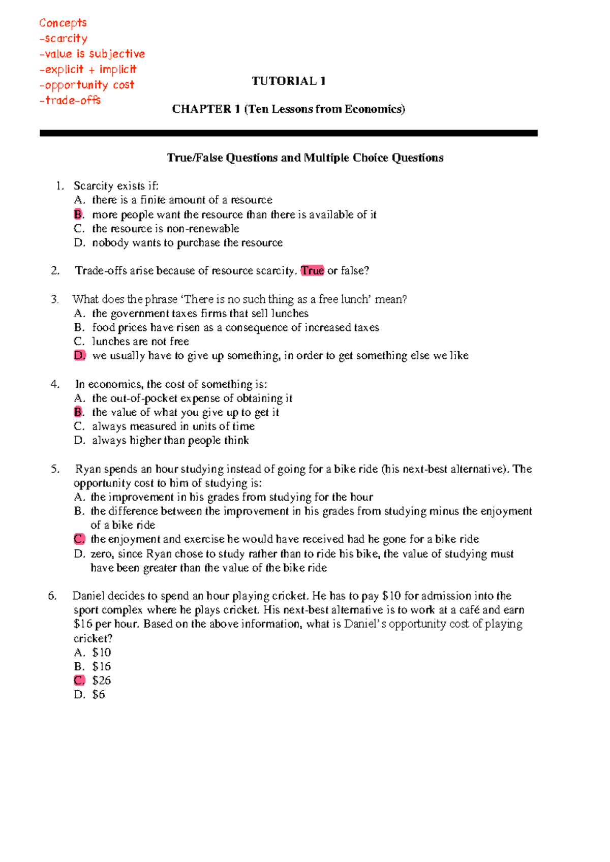Tutorial 1 - TUTORIAL 1 CHAPTER 1 (Ten Lessons from Economics) True/False Questions and Multiple ...