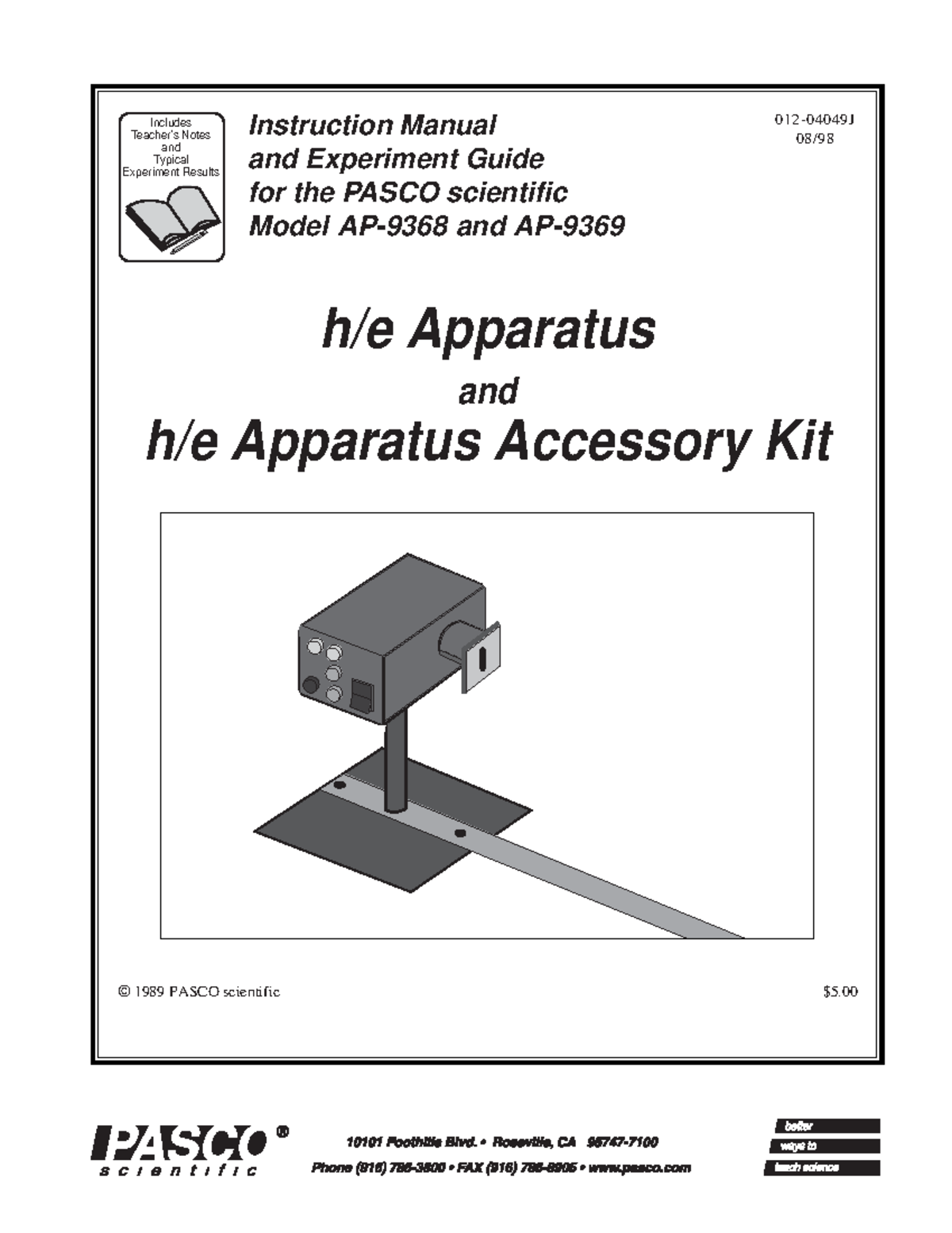 H-e-Apparatus - Physics - 012-04049J 08/ © 1989 PASCO scientific $5. h ...