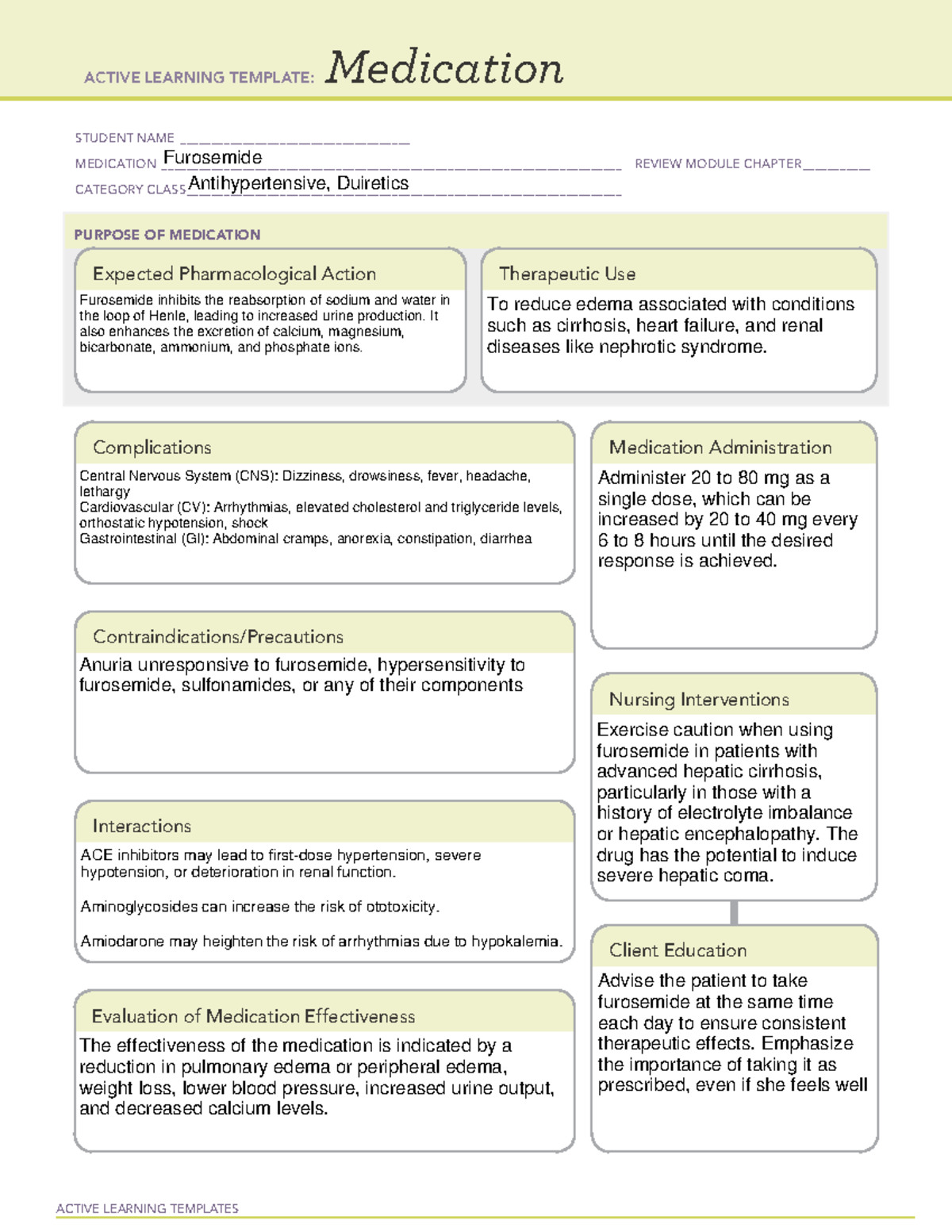 Furosemide - vbvbcvbcvb - ACTIVE LEARNING TEMPLATES Medication STUDENT ...