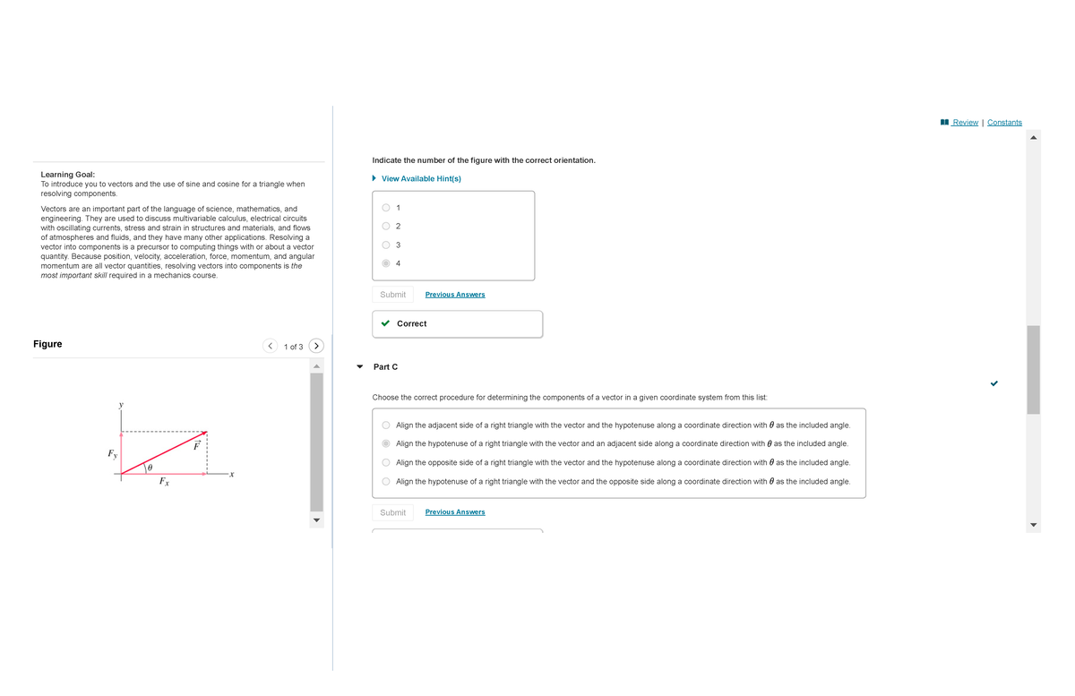 Mastering Physics Ch 01 HW - Vector Components-Review 2 - 1 of 3 ...