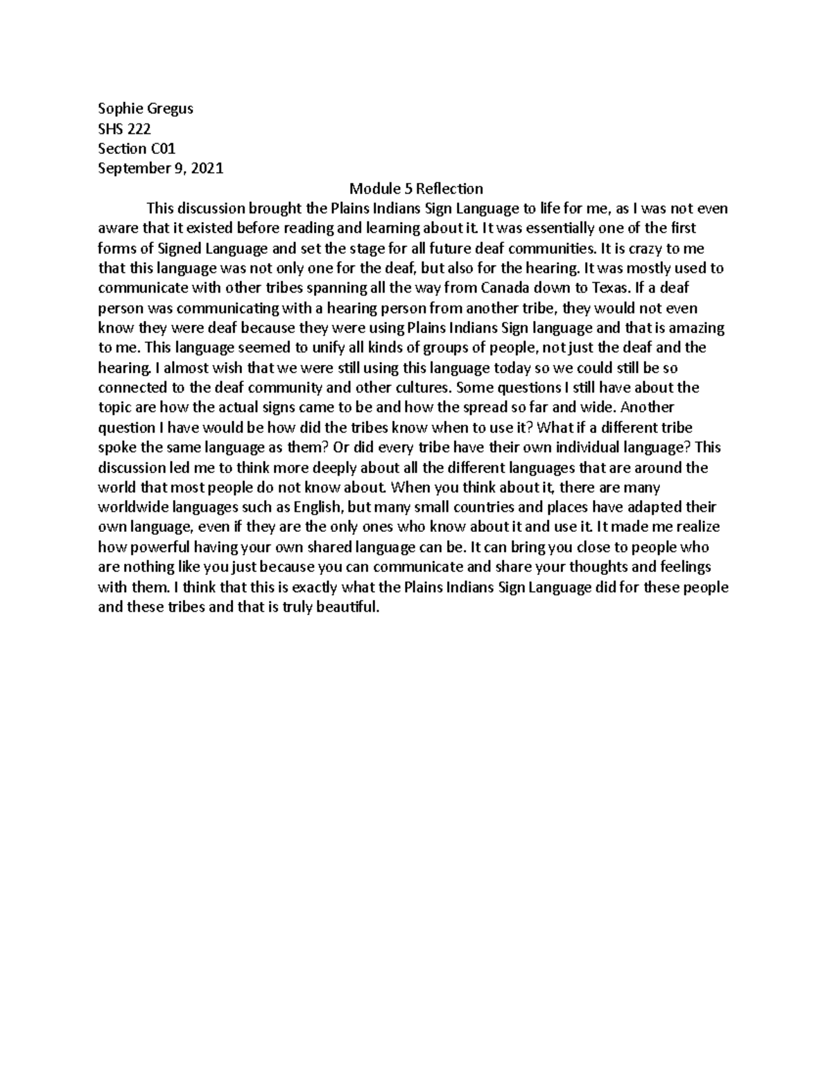 Module 5 Reflection - Sophie Gregus SHS 222 Section C September 9, 2021 Module 5 Reflection This ...