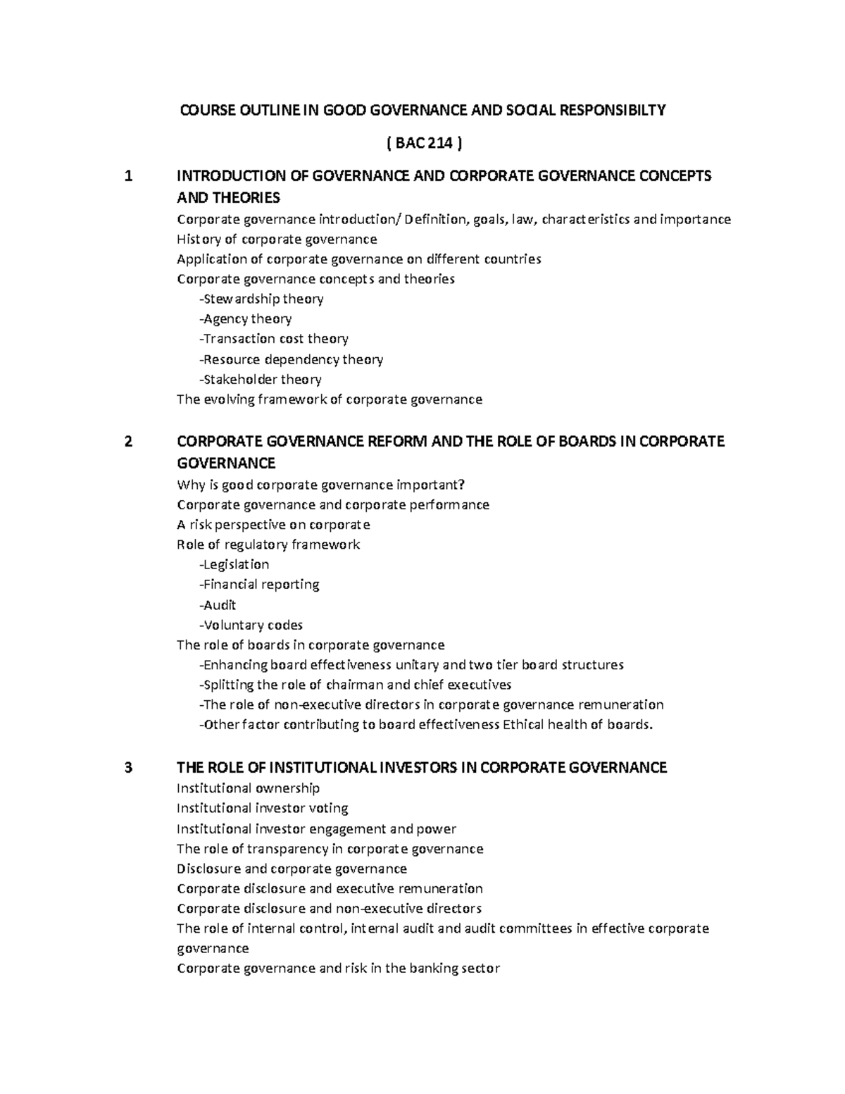 Course Outline GOOD Governnace AND Social Responsibility - COURSE ...