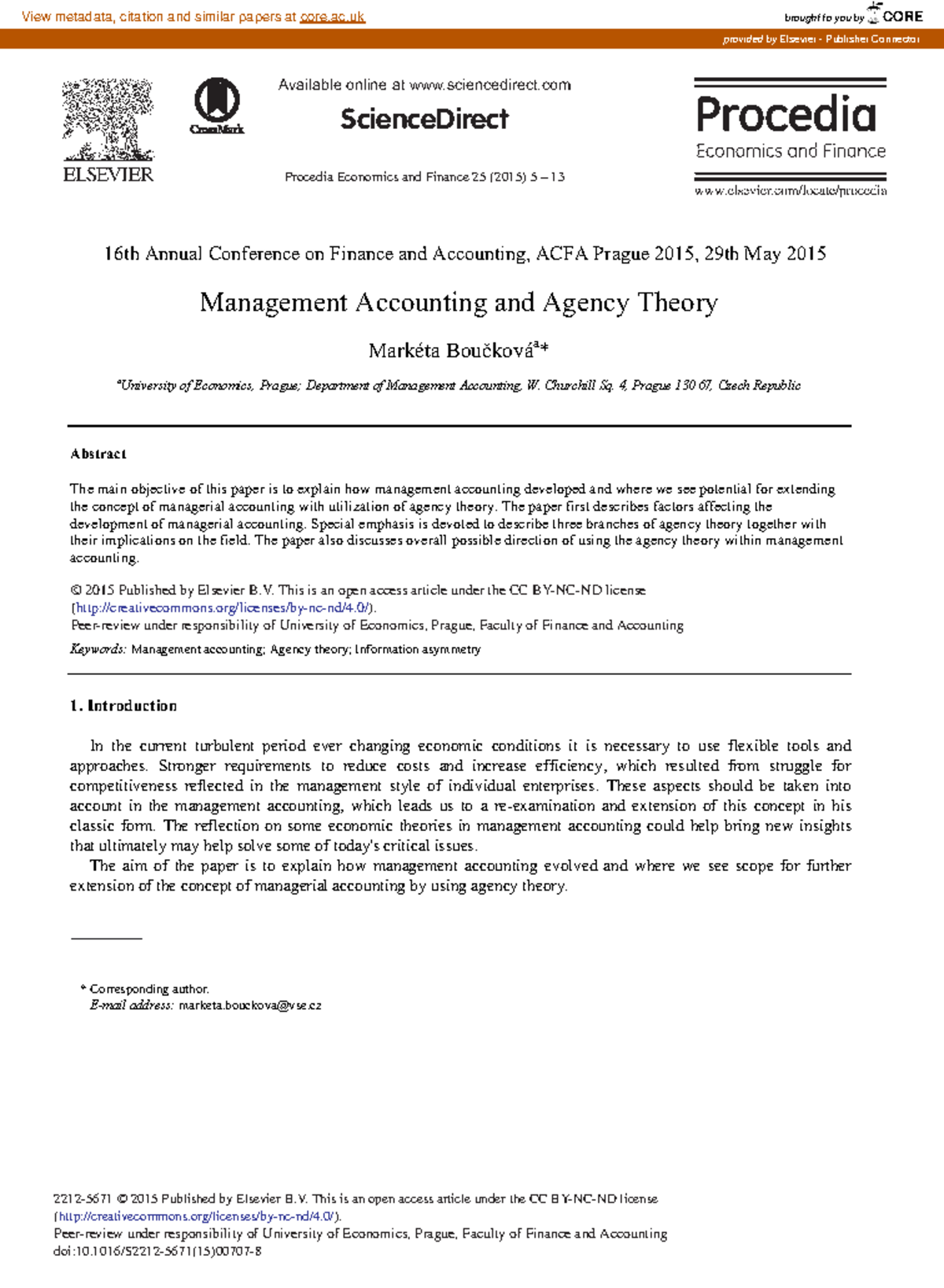 Agency Theory Research Paper - Procedia Economics and Finance 25 ( 2015 ...