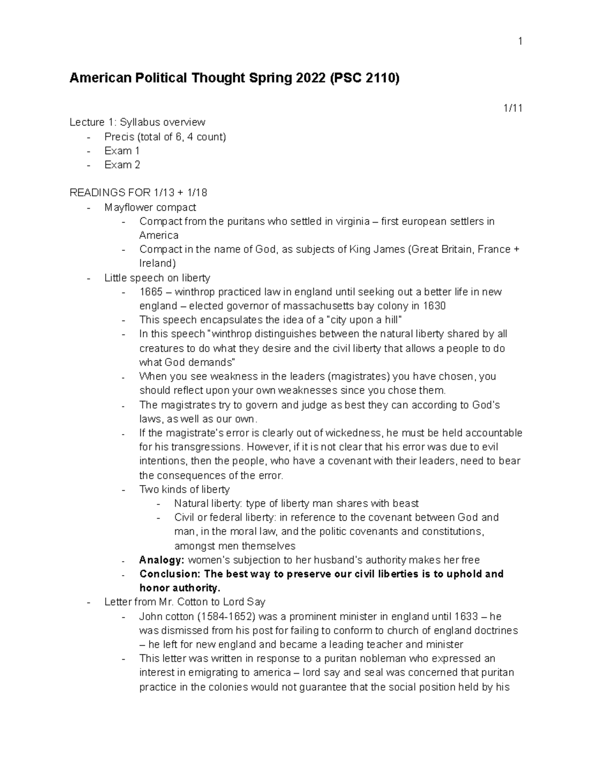 American Political Thought Notes - American Political Thought Spring ...