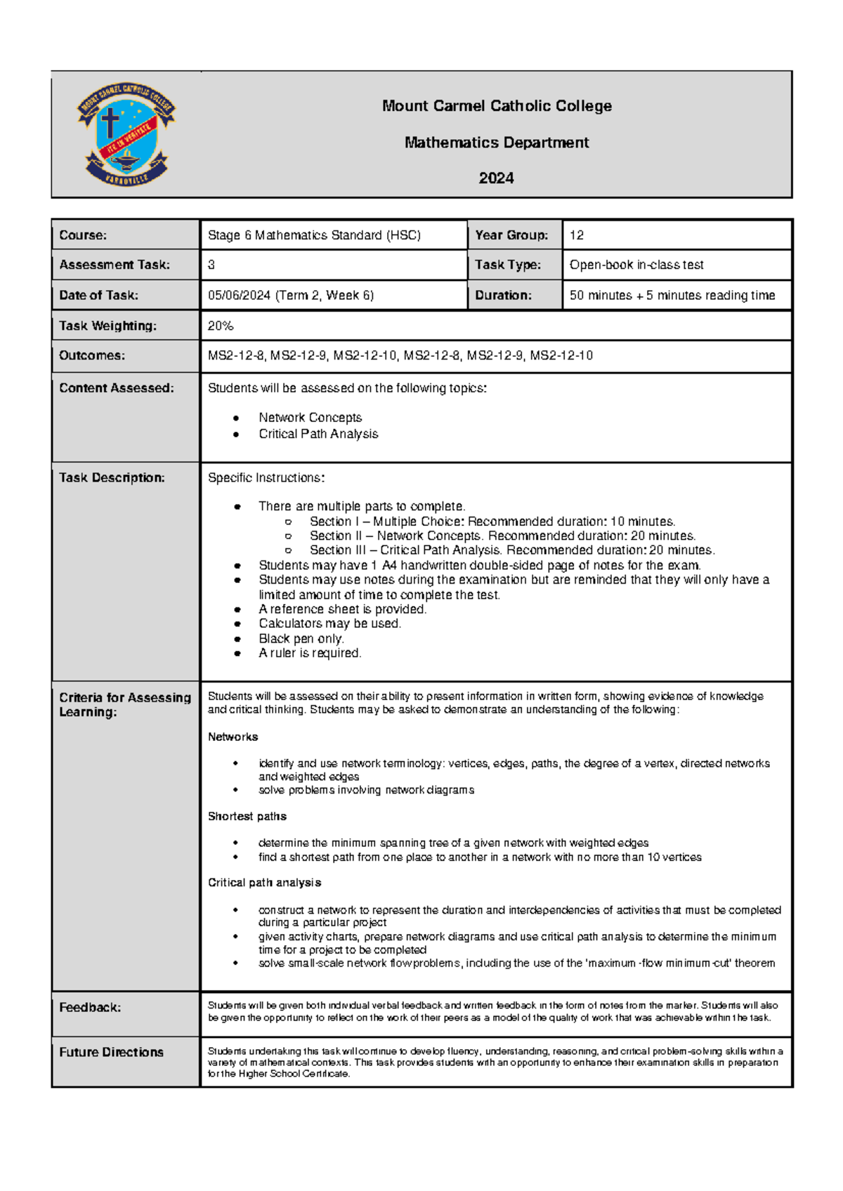 Year 12 Standard 2 AST 3 Notification 2024 - Mount Carmel Catholic ...