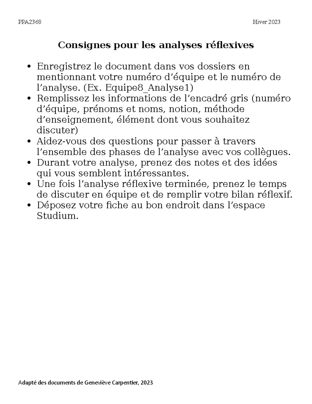 Canevas d'analyse réflexive - Consignes pour les analyses réflexives ...