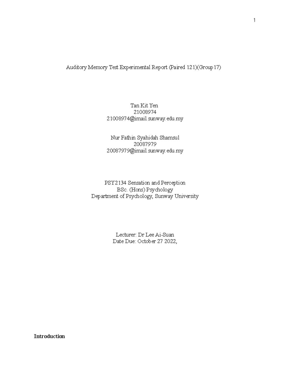PSY2134 Paired report 121 Experiment report - Auditory Memory Test ...