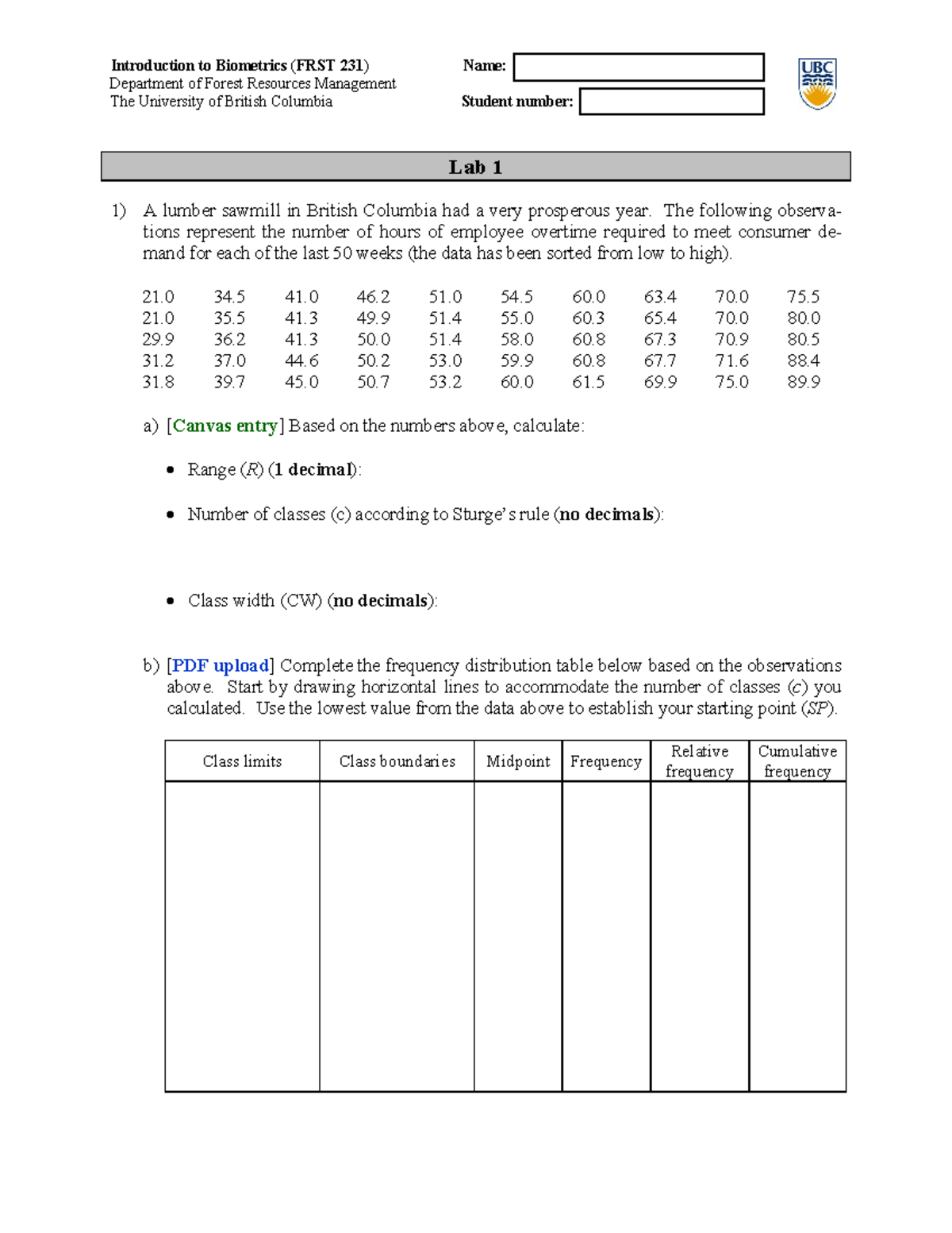 Lab 1 handout - Introduction to Biometrics (FRST 231) Name: Department ...