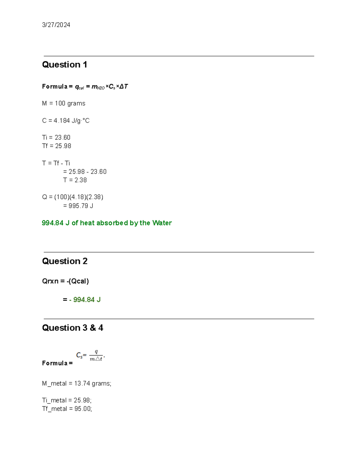 Calcium - Group Activity 05A - 3/27/ Question 1 Formula = qcal = mH2O× ...
