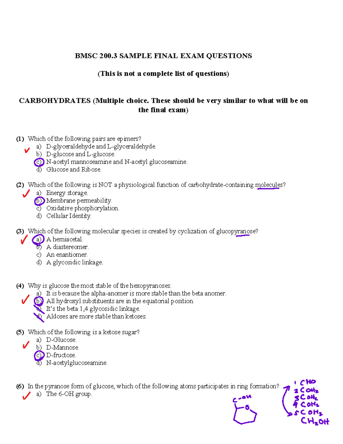 Sample questions Carbohydrates - BMSC 200 SAMPLE FINAL EXAM QUESTIONS ...