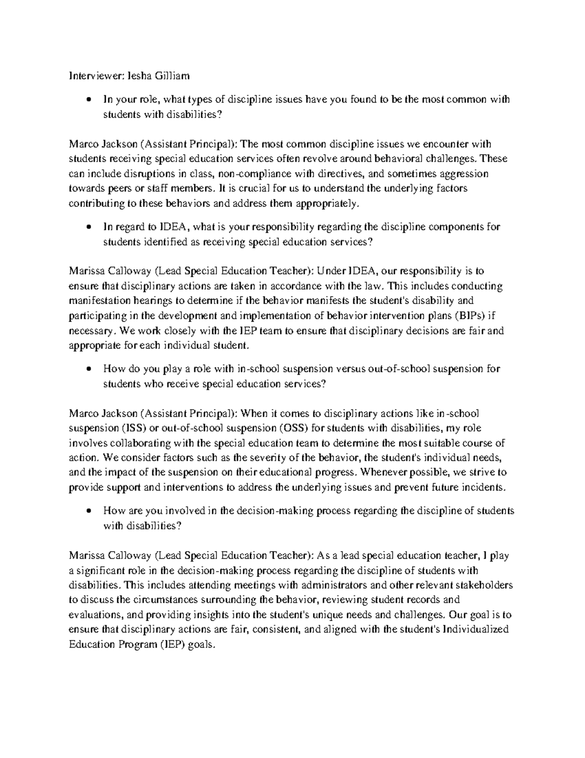 Discipline Process Interview - Interviewer: Iesha Gilliam - In your ...