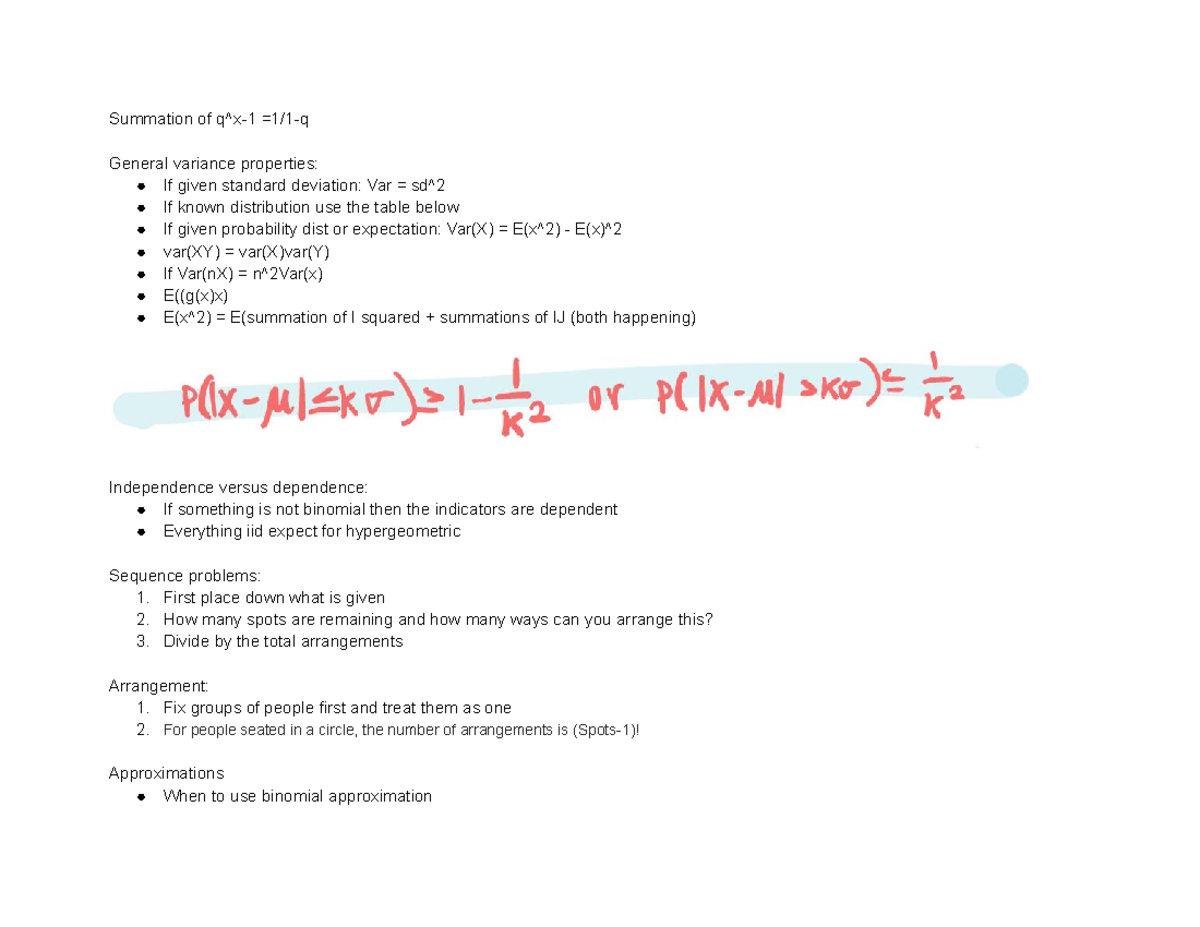STAT 134 Midterm Study Guide - Summation of q^x-1 =1/1-q General variance properties: If given ...