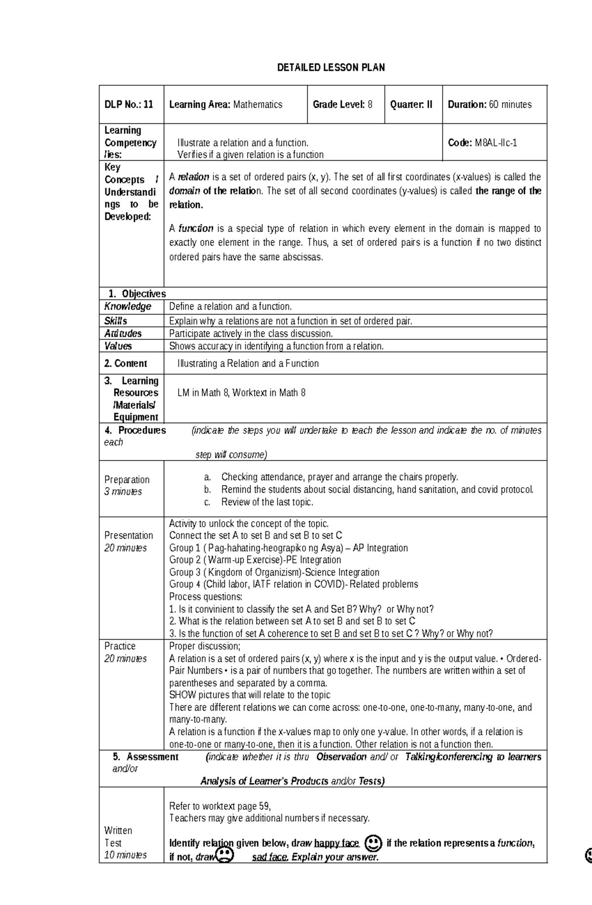 Lesson Plan in Math 8 q2 - DETAILED LESSON PLAN DLP No.: 11 Learning ...
