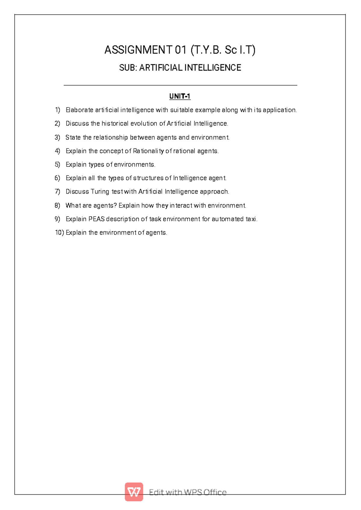 Assignment 01-1 - ASSIGNMENT 01 (T.Y.B.ScI) SUB:ARTIFICIALINTELLIGENCE ...