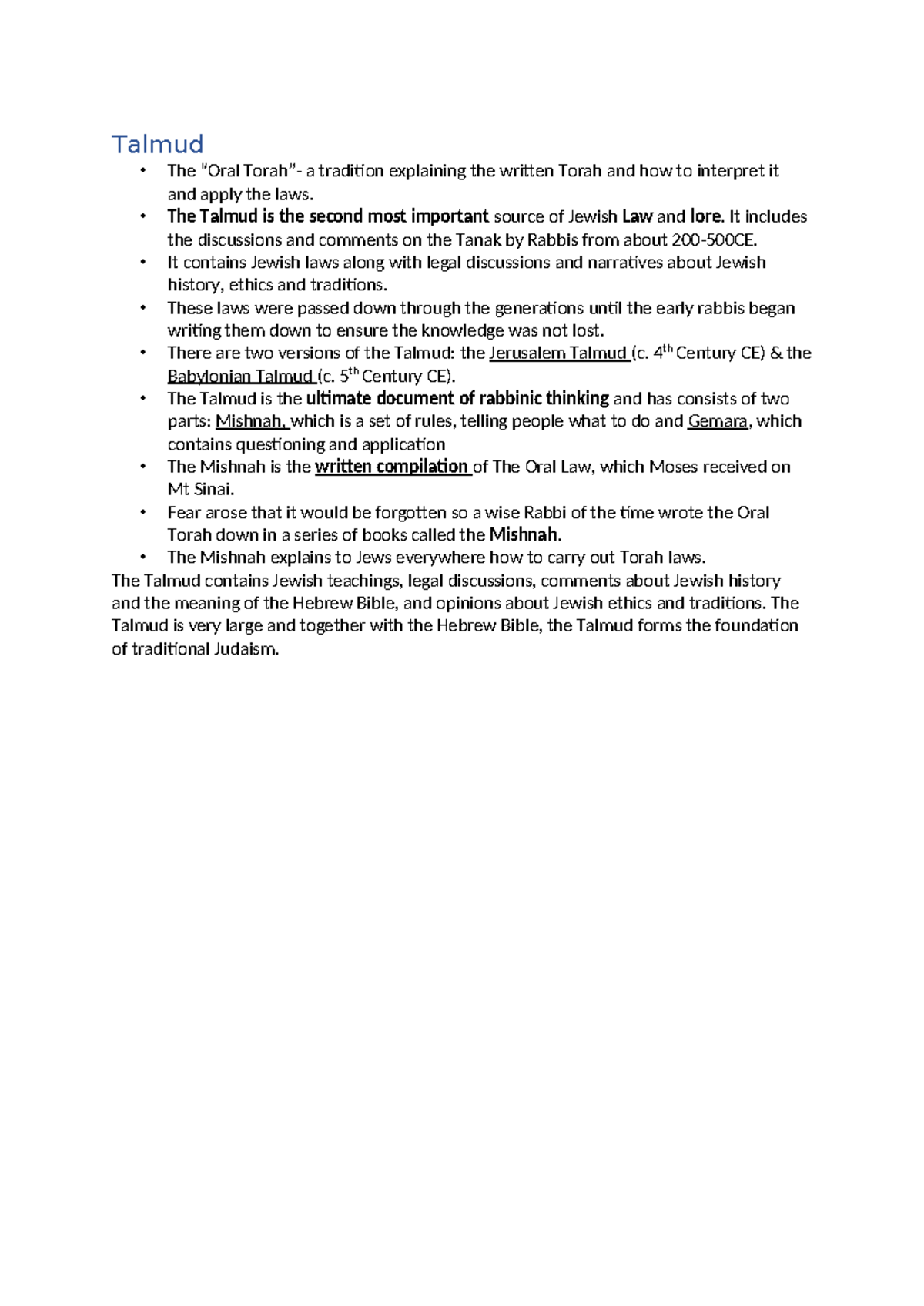 Talmud - notes - Talmud The “Oral Torah”- a tradition explaining the ...