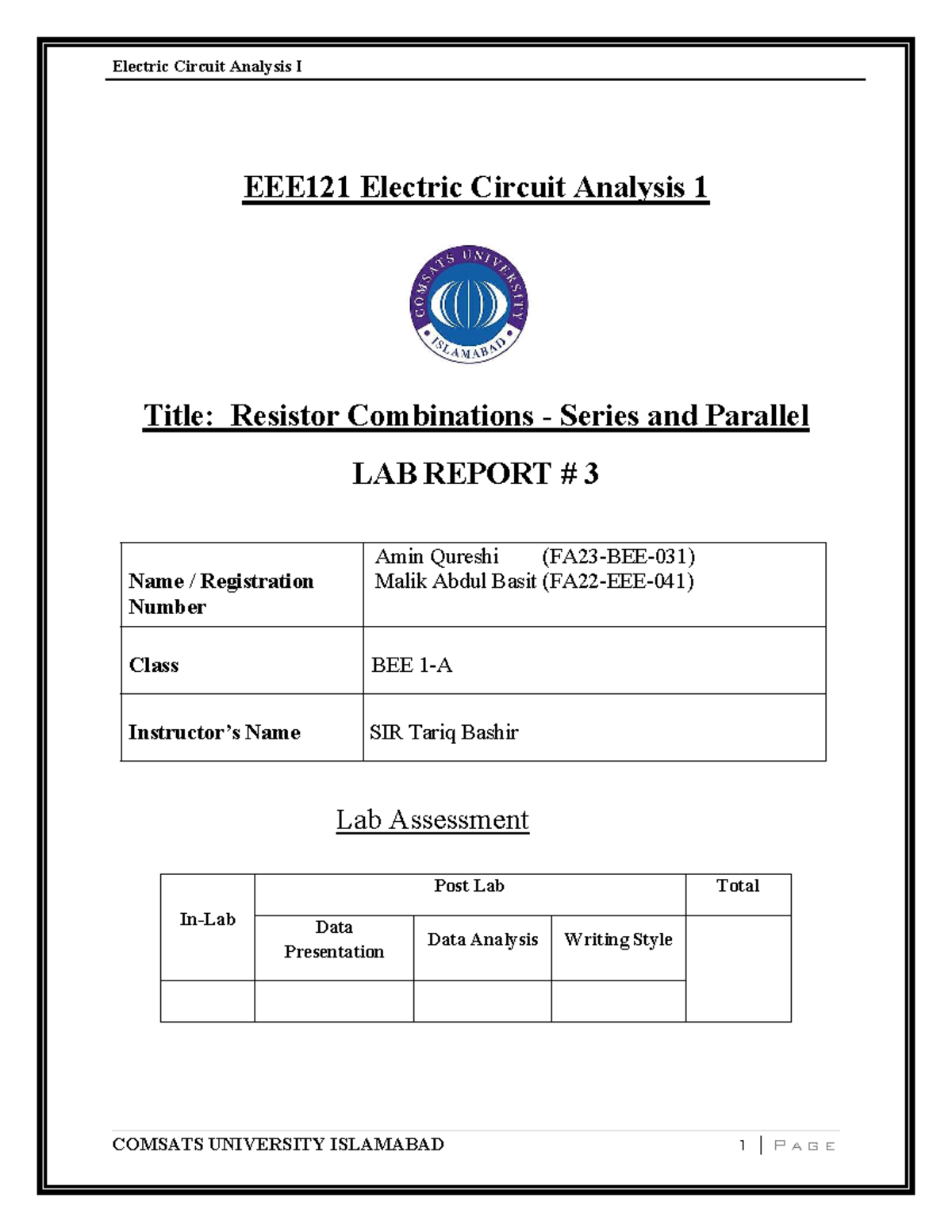 ECA lab report 3 - Electric Circuit Analysis I EEE121 Electric Circuit Analysis 1 Title ...
