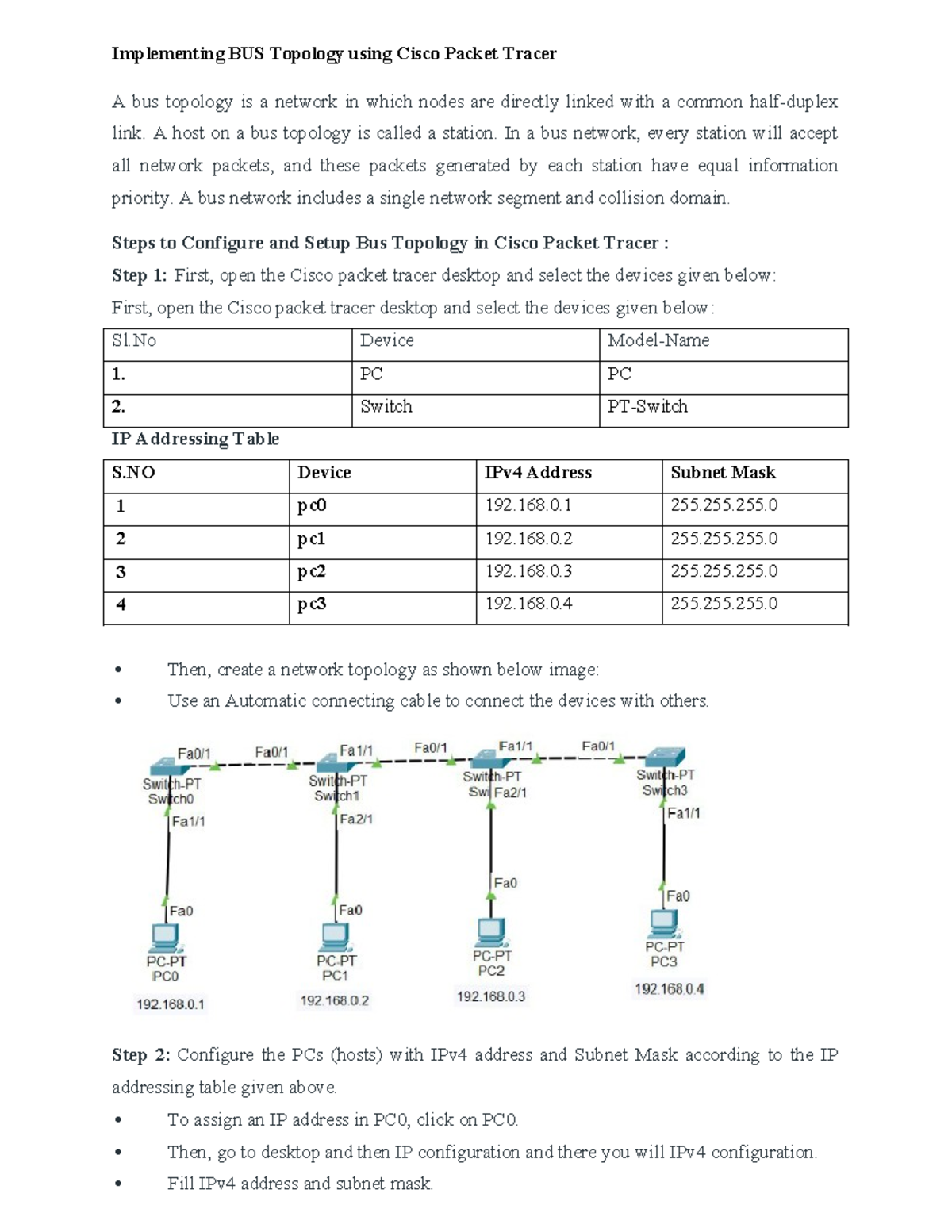 Implementing Topology Using Cisco Packet Tracer Implementing Bus
