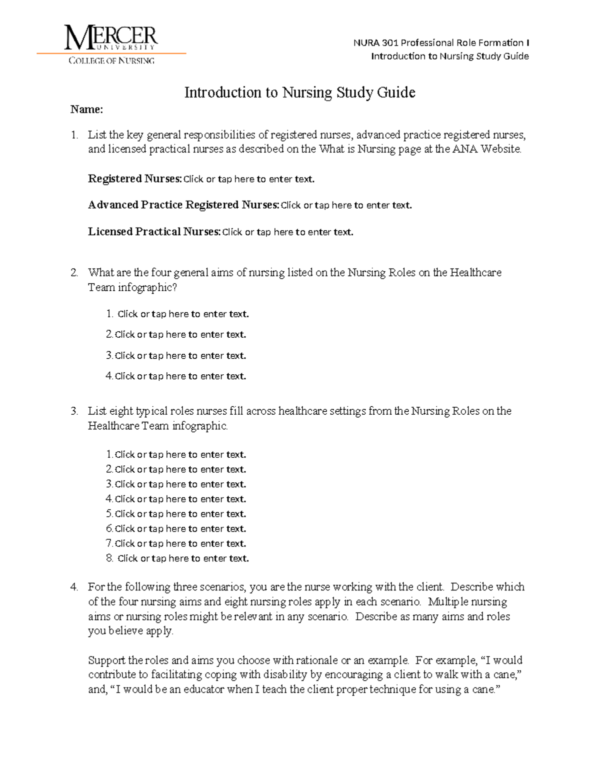 Introduction to nursing study guide - NURA 301 Professional Role ...